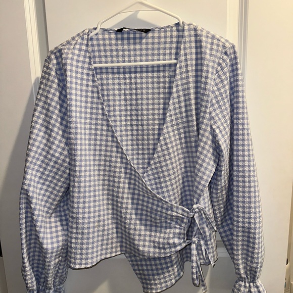 Zara | Tops | Zara Light Blue Checkered Wrap Top | Poshmark